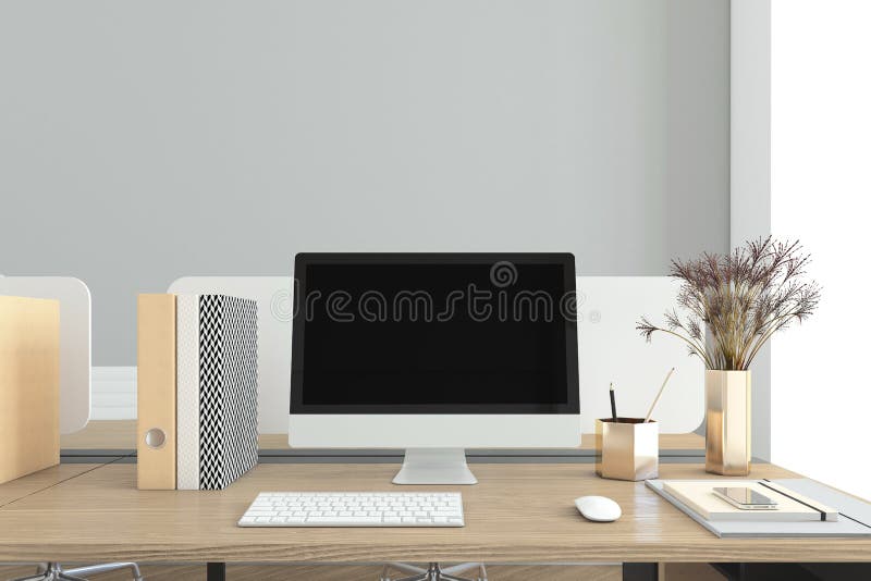 Office Room with Desk and Minimalist PC, Hanging Lamp, Gray Wall and ...