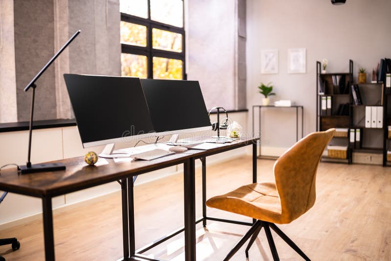 Office Room with Multiple Computer Monitors Stock Image - Image of ...