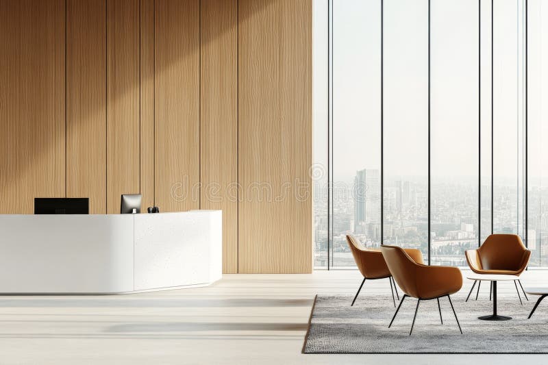 An Office Room with a Reception Desk, Meeting Room, and Window Stock ...