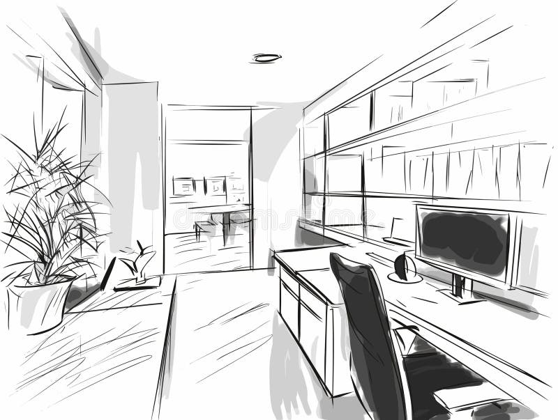 Office Room.Vector Interior for Work with Table in Hand-drawn Style ...