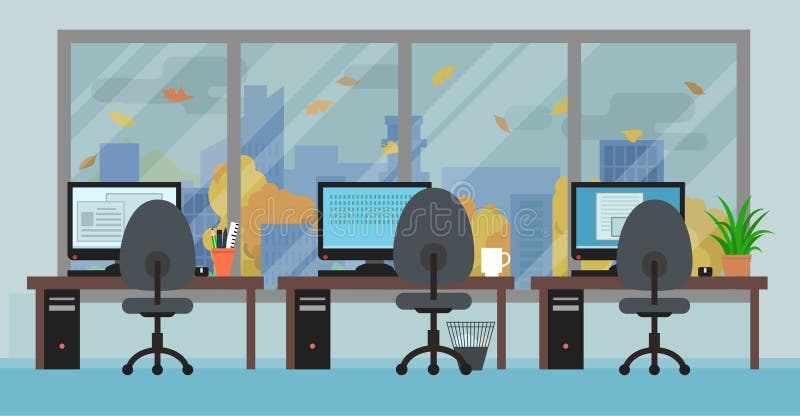 Office Room with Workplaces Big Window and Landscape Stock Vector ...