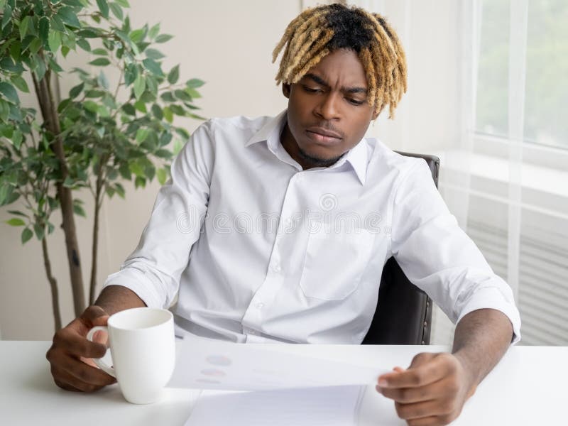 Office Routine Gloomy Black Man Checking Documents Stock Photo - Image ...