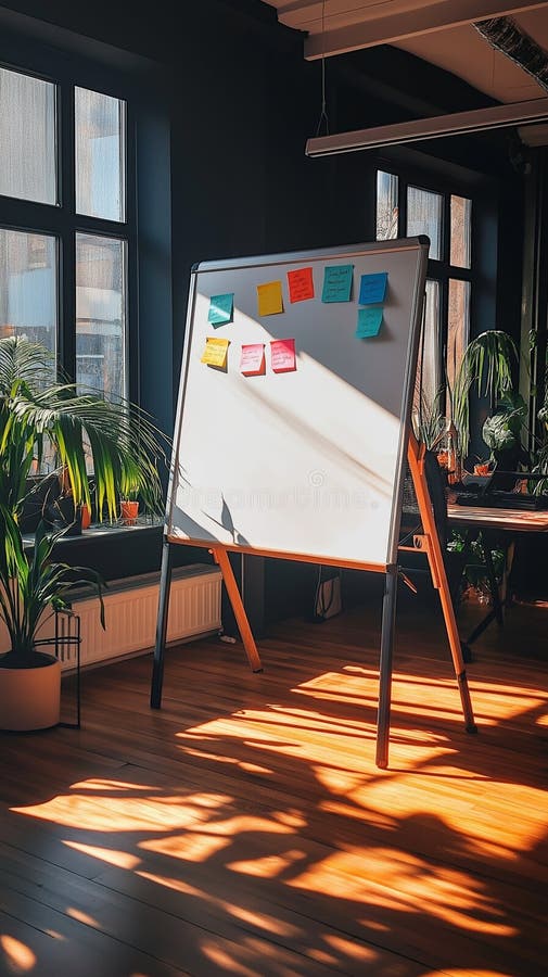 Office Scene with an Empty Whiteboard Surrounded by Sticky Notes and ...