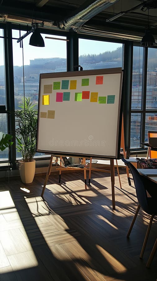 Office Scene with an Empty Whiteboard Surrounded by Sticky Notes and ...