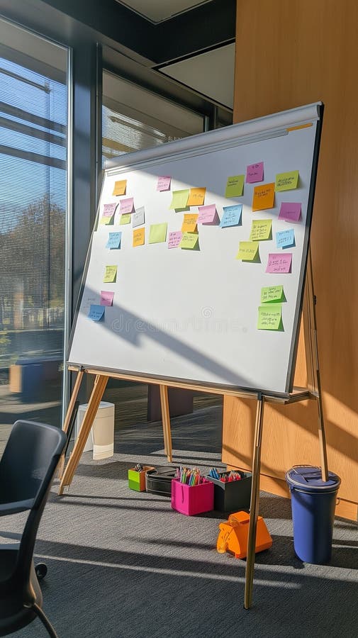 Office Scene with an Empty Whiteboard Surrounded by Sticky Notes and ...