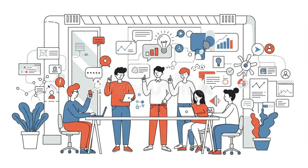 Office Scene Featuring Five People Engaged in a Collaborative Work ...