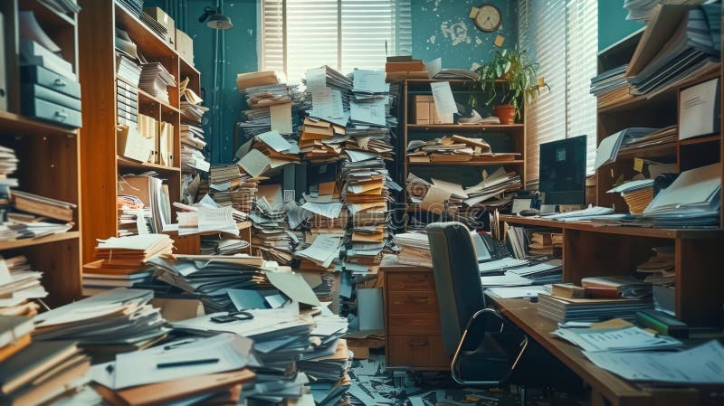 An Office Scene Showing a Cluttered Workspace with an Overwhelming ...