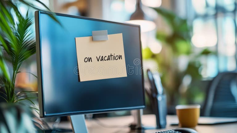 Office Screen with a Note "on Vacation". Away Message Concept Stock ...