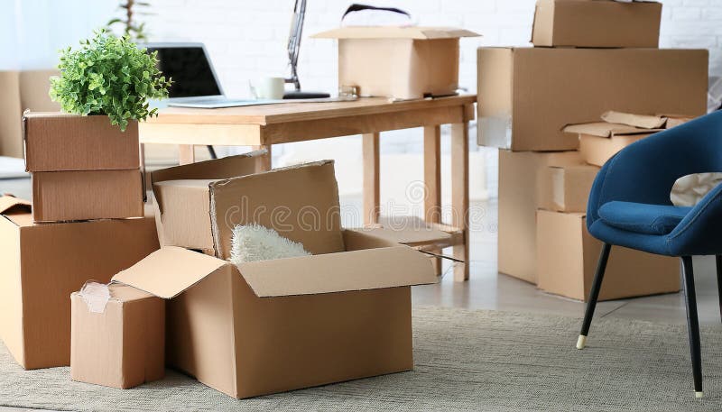 Moving Boxes and Furniture in New Office Stock Illustration ...