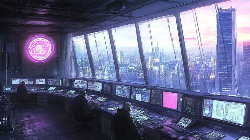 The Office Setting is Depicted in an Anime Style with a High-tech and ...