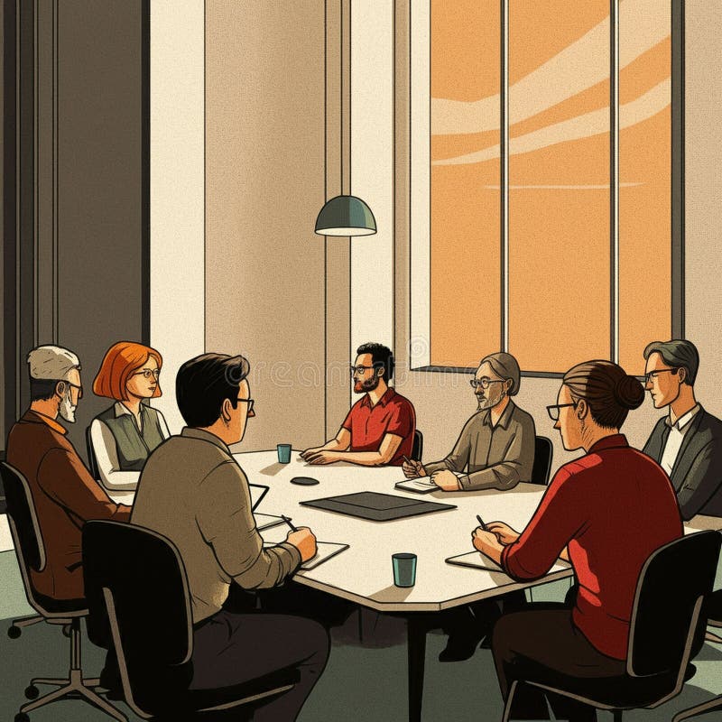 Office Setting Illustration Featuring Seven People Gathered at an Oval ...