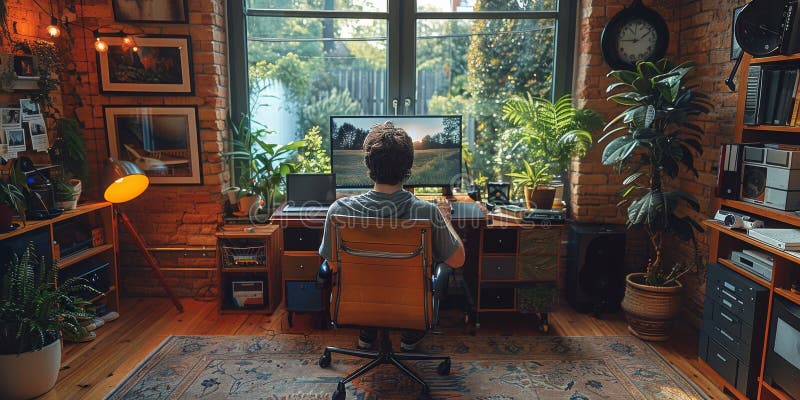 A Man Sits in an Office Chair in Front of a Computer, Surrounded by ...