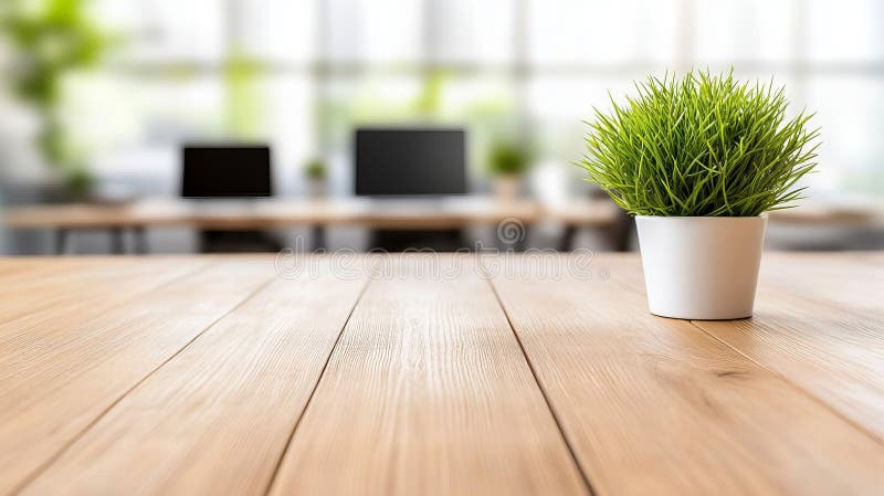 Office Setting with Potted Plant on Wooden Desk and Computer Screens ...
