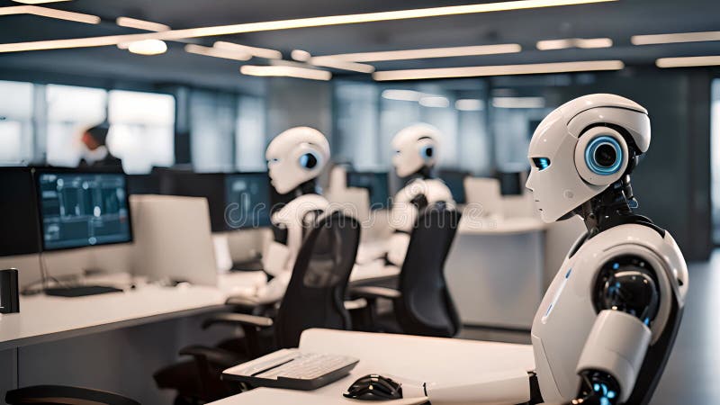 A Robot is Busy Working on a Computer at a Desk in an Office Stock ...