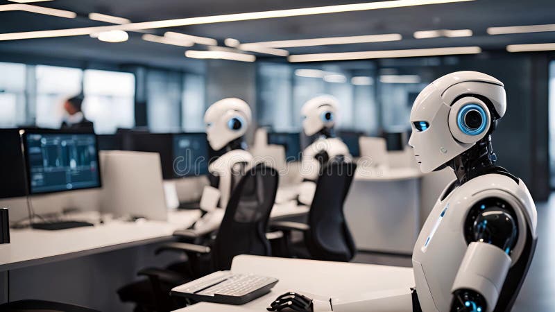 A Robot is Busy Working on a Computer at a Desk in an Office Stock ...