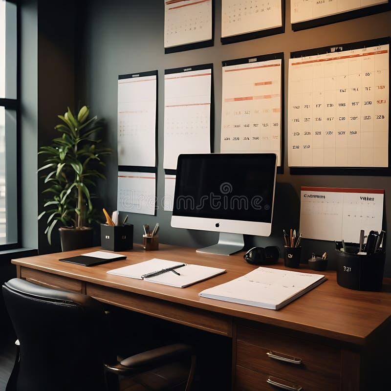 Office Setup with Calendars in a Corporate Workspace Setting Stock ...