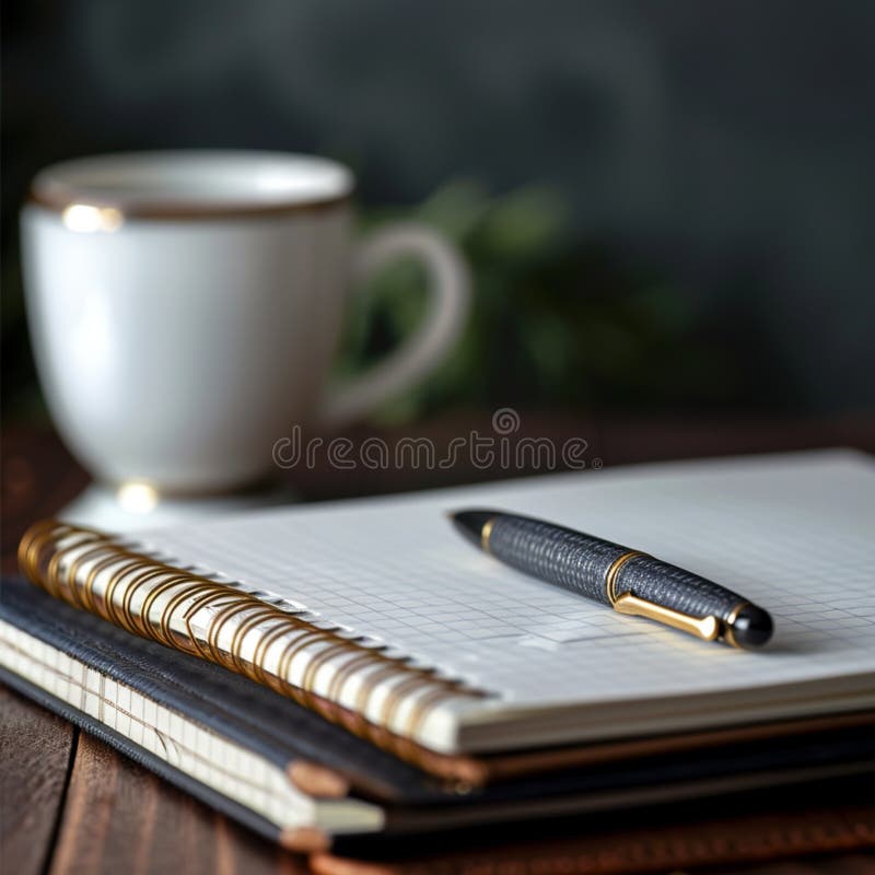 Office Setup Close Up of Notebook and Pen with Coffee Cup Stock ...