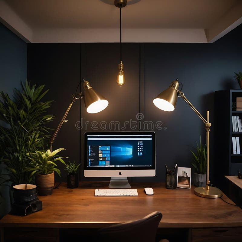 Office Setup with Lamps in a Co Working Space Setting Stock Image ...