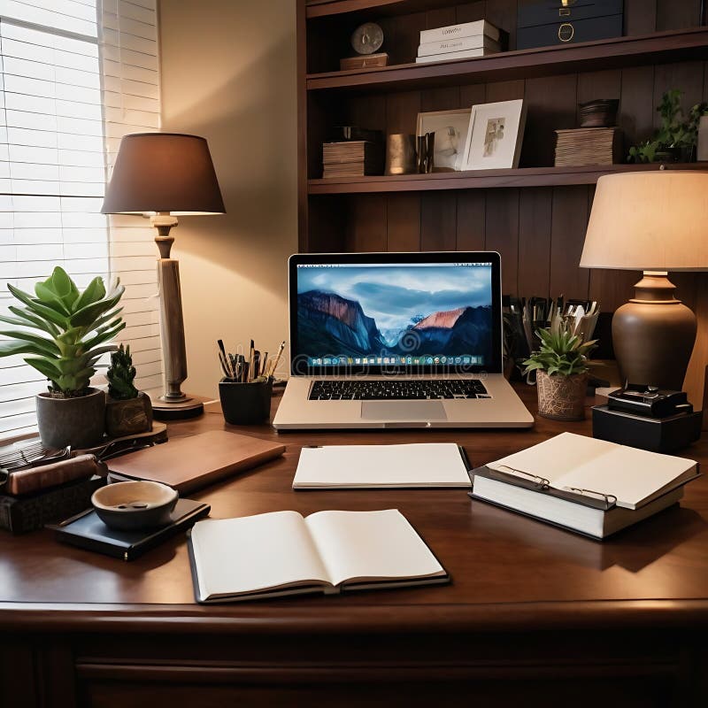 Office Setup with Notebooks in a Home Office Setting Stock Image ...