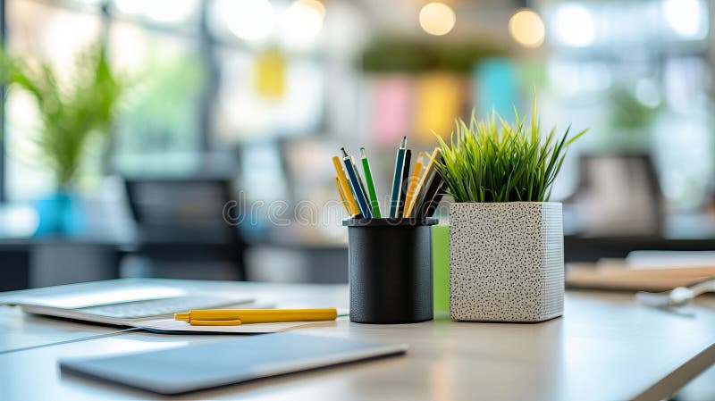 Office Setup with Pens in a Modern Office Setting Stock Illustration ...