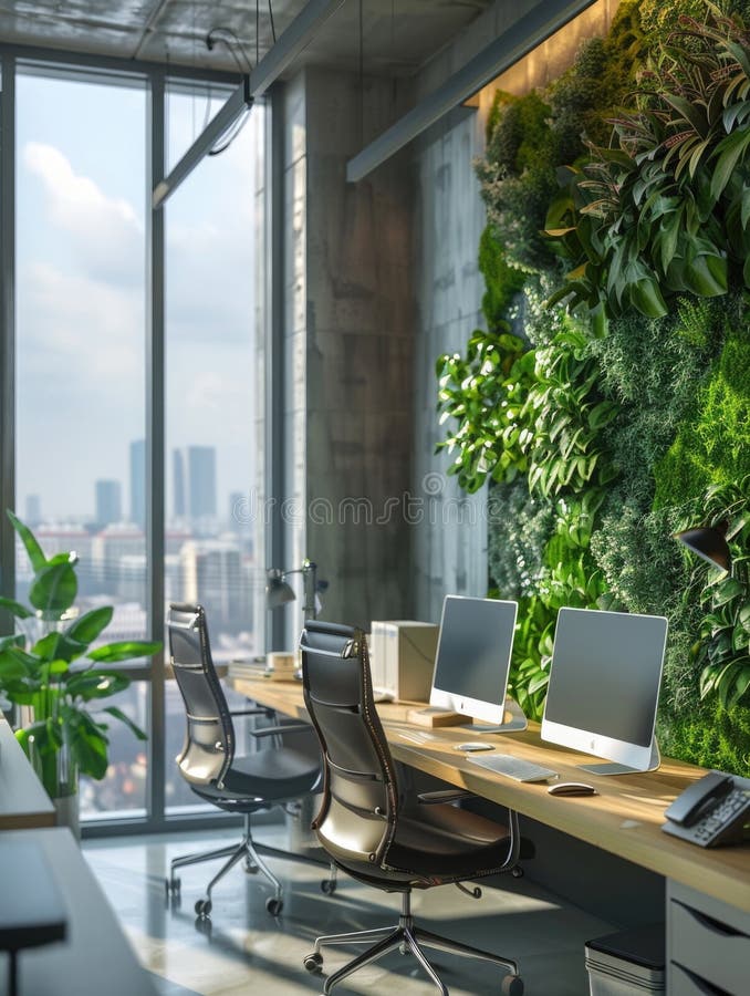 Office Setup with Two Computers and Greenery Stock Image - Image of ...