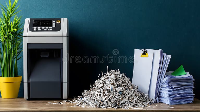 Office Shredder Destroying Documents, Near Stack of Papers, Plant Stock ...