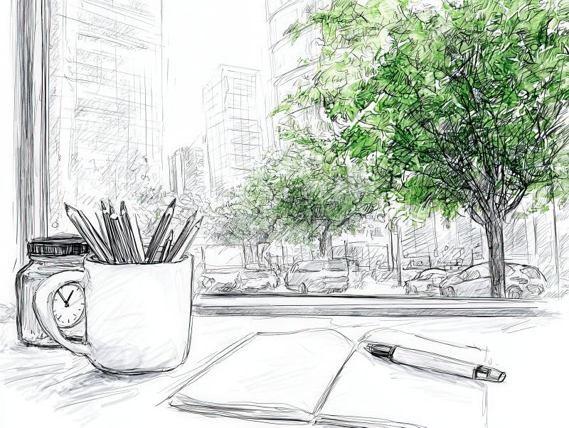 Office Sketch: a Detailed Illustration of an Office Setup, Focusing on ...