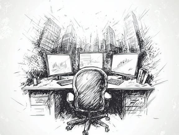 Office Sketch: a Detailed Illustration of an Office Setup, Focusing on ...