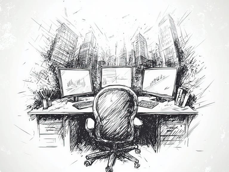 Office Sketch: a Detailed Illustration of an Office Setup, Focusing on ...