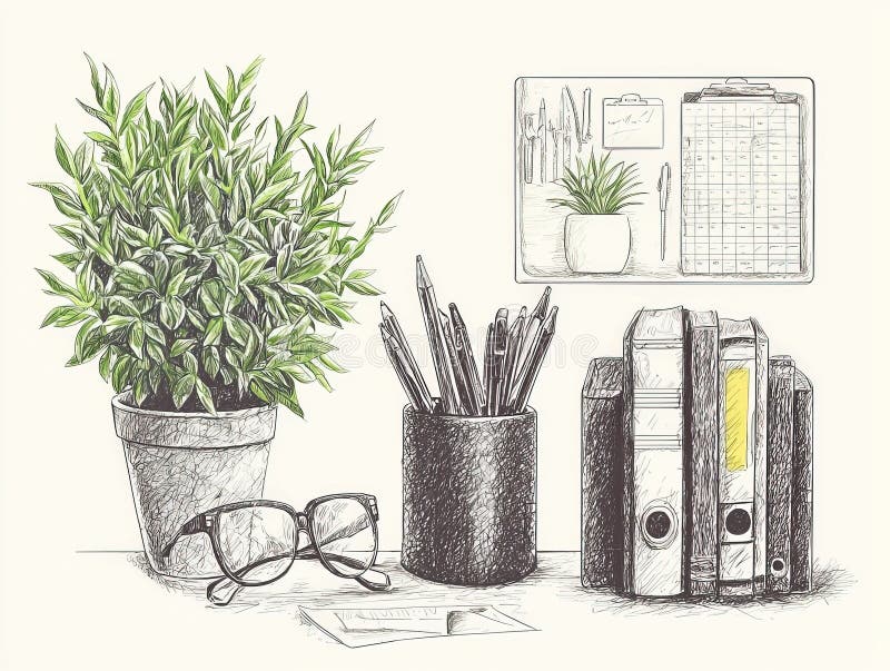 Office Sketch: a Detailed Illustration of an Office Setup, Focusing on ...