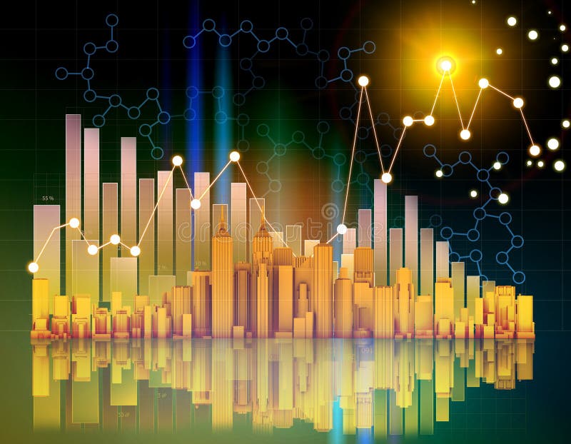 Office Skyscrapers and Columnar Chart on Abstract Stock Illustration ...