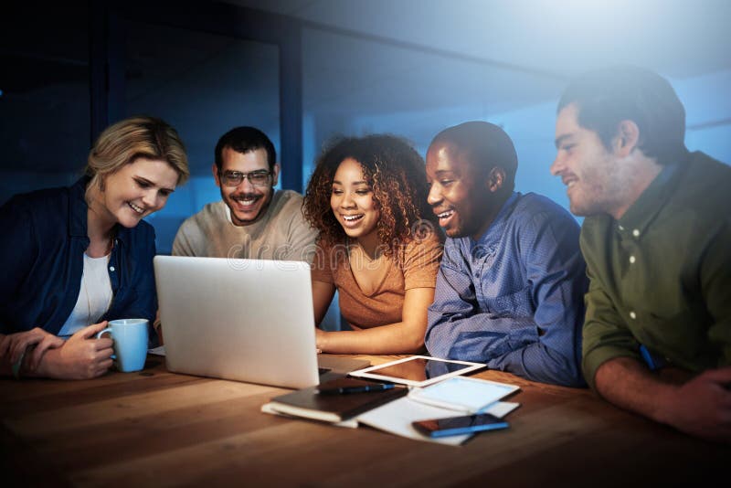 Office, Smile and Business People with Meeting by Laptop for Server ...