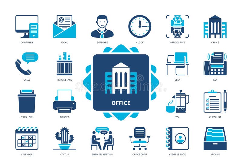 Office solid icon set stock illustration. Illustration of briefcase ...