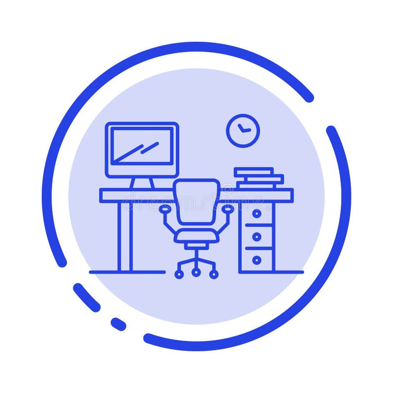 Office, Space, Chair, Office Table, Room Blue Dotted Line Line Icon ...