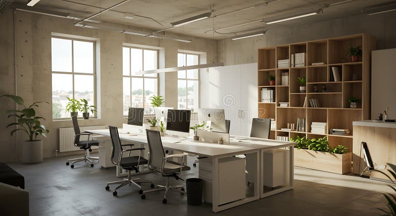 Office Space with Desks and Computers in Modern Open Interior Stock Illustration - Illustration ...