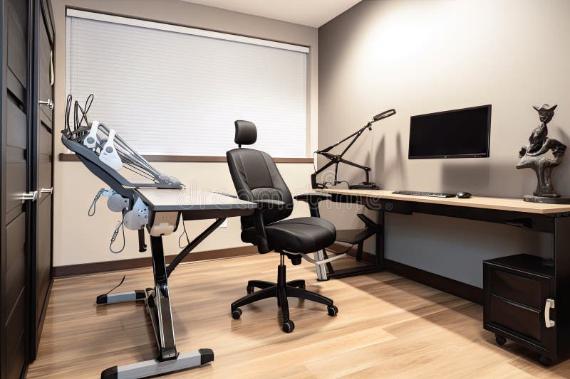 Office Space with Ergonomic Desk, Chair, and Lighting Stock ...