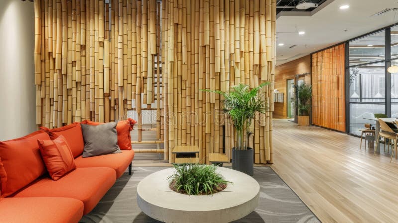 The Office Space Features a Striking Feature Wall Made from Stacked ...