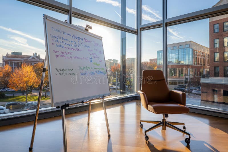 Office Space Featuring a Chair, Whiteboard Filled with Notes, and Large ...