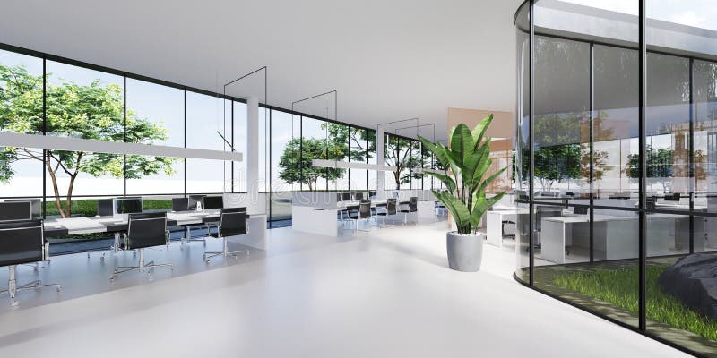 Office Space with Large Panoramic Windows and Many Plants Around and ...