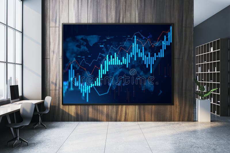 Modern Office Interior with Digital Financial Chart Screen Displaying ...