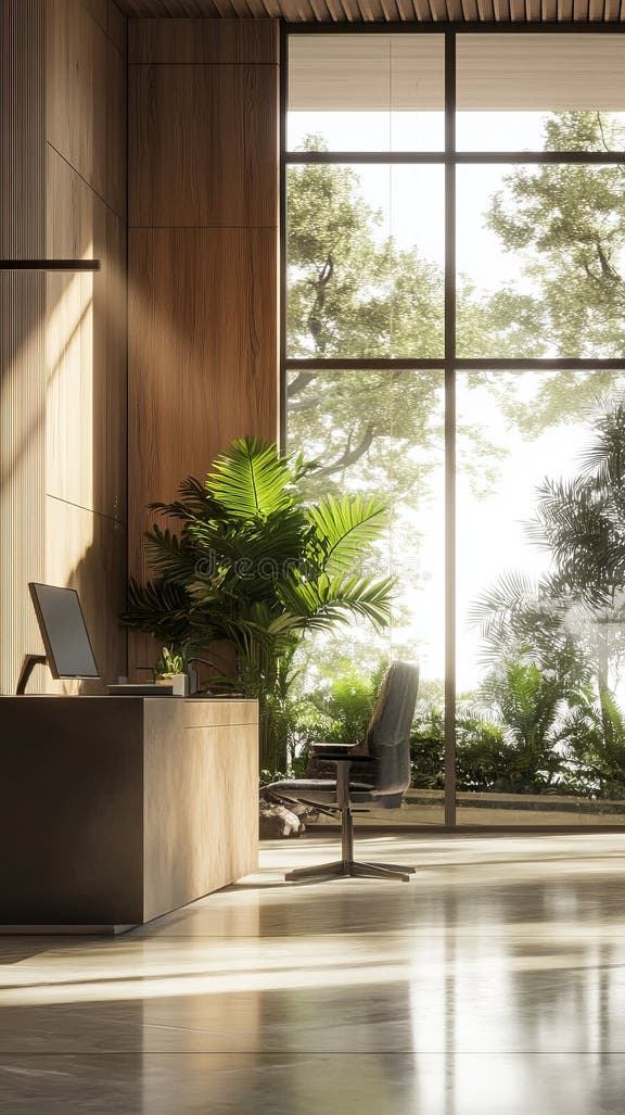 Office Space with a Large Window and a Plant Stock Illustration ...