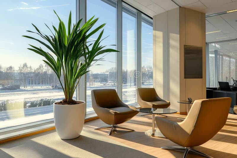 Office Space with a Large Window and a Plant Stock Illustration ...