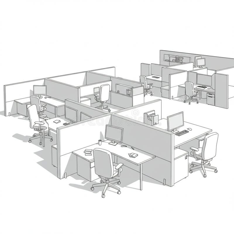 Office Space Layout with Multiple Cubicles, Featuring Desks, Chairs ...