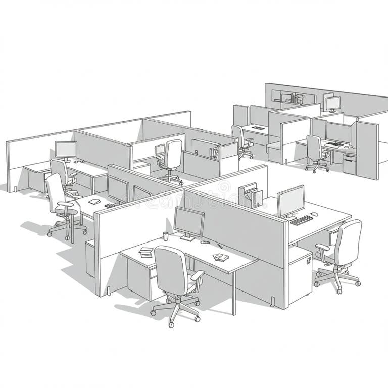 Office Space Layout with Multiple Cubicles, Featuring Desks, Chairs ...