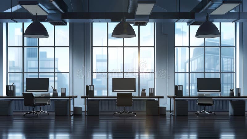 Office Space, Modern Desks with Computer Screens in a Contemporary Workspace Stock Illustration ...