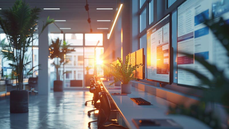 Office Space, Modern Office Interior at Sunset, Showcasing Technology ...