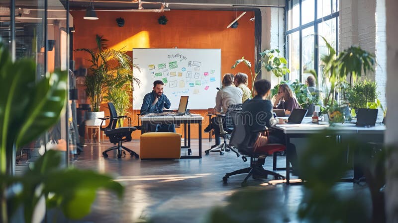 Office Space with Open Layout Featuring Team Collaboration Desks Plants ...