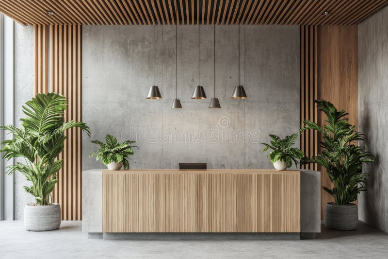 An Office Space Showcasing a Mock-up Wall, a Wooden Reception Desk, and ...
