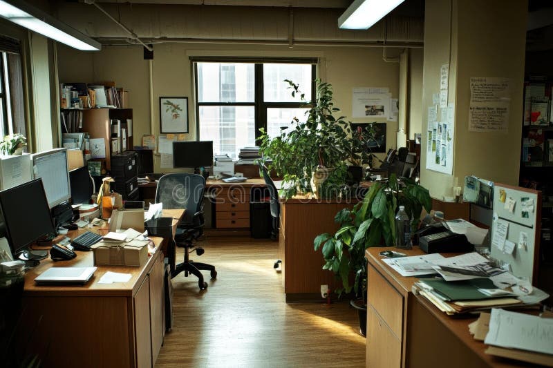 Office Space Shows Desks, Computers, and Plants. Sunlight Streams ...