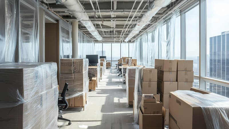 Office Relocation with Packed Boxes and Chairs Stock Photo - Image of ...